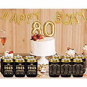 BackURyear 80th Birthday Party Decorations for Men Women, Funny 80th Birthday Party Supplies, 80 Years Old Eighty Birthday Decor, 80th Birthday Party Cans Cooler Sleeves, Black&Gold/12 Pcs