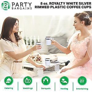 PARTY BARGAINS 8 oz Royalty White Silver Rimmed Plastic Coffee Cups with Handles - [32 Pack] Disposable Plastic White Tea Cups, for Weddings, Bridal Showers, Engagement Parties, Camping