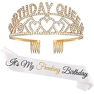 Zipoka Freaking Birthday Queen Birthday Sash for Women - Premium Gold Rhinestone Birthday Tiara Crown & Earring Kit - Funny Birthday Crowns for Women - Girls Happy Birthday Sash and Tiara for Women