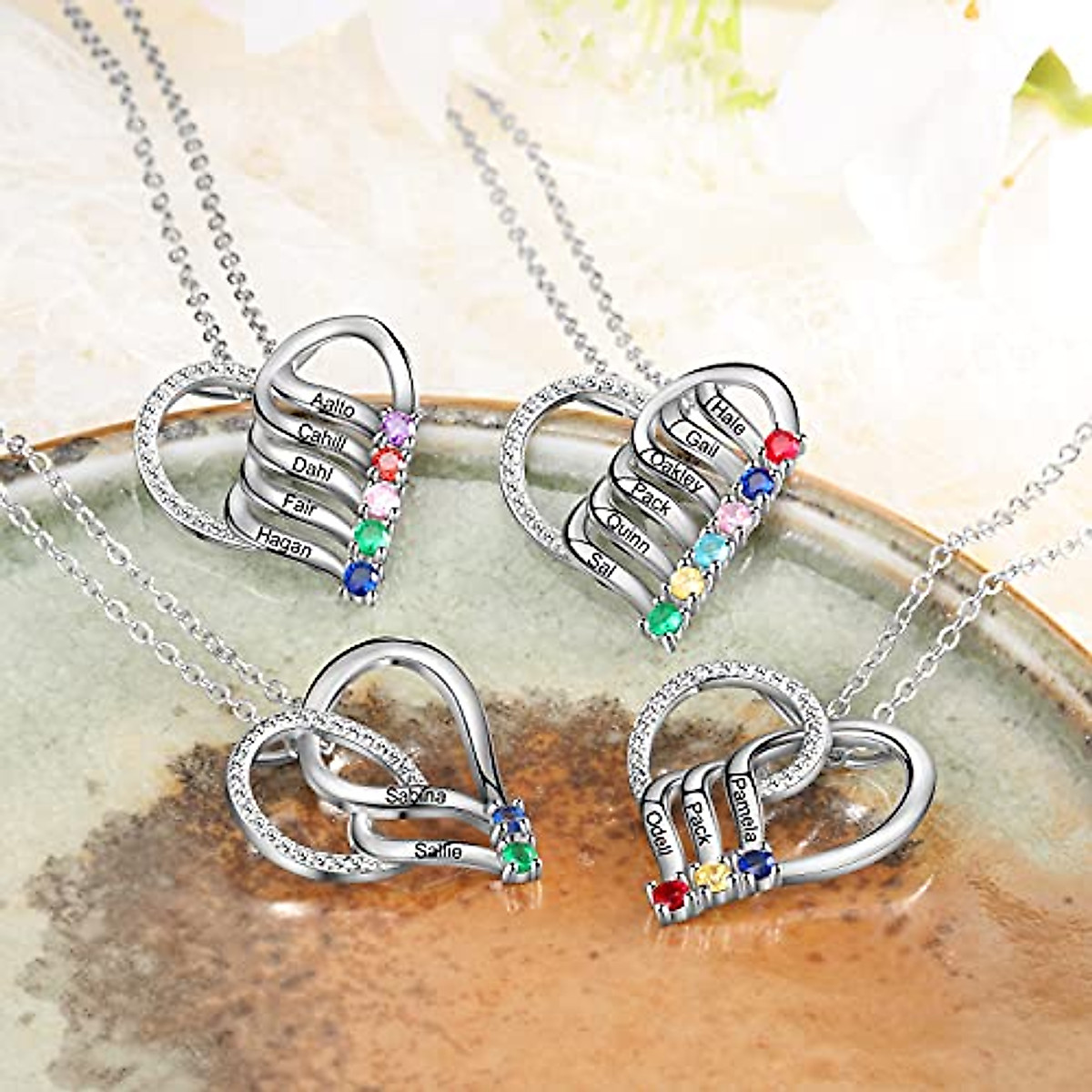 Mothers Necklace, Birthstone Necklesses for Mom Personalized Necklaces for Women Engraved Names Jewelry Gift (Engrave Name, 4 names)