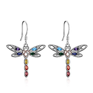 POPLYKE Dragonfly Dangle Earrings for Women Sterling Silver Celtic Knot Dragonfly 7 Chakra Irish Jewelery Gifts(dragonfly 7 chakra earrings)