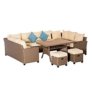 Outsunny Patio Furniture Set, 6 Piece PE Wicker Outdoor Furniture, Conversation Set with Ottomans, Table & Chairs, All Weather Sectional Sofa Couch, Blue Pillows, Khaki