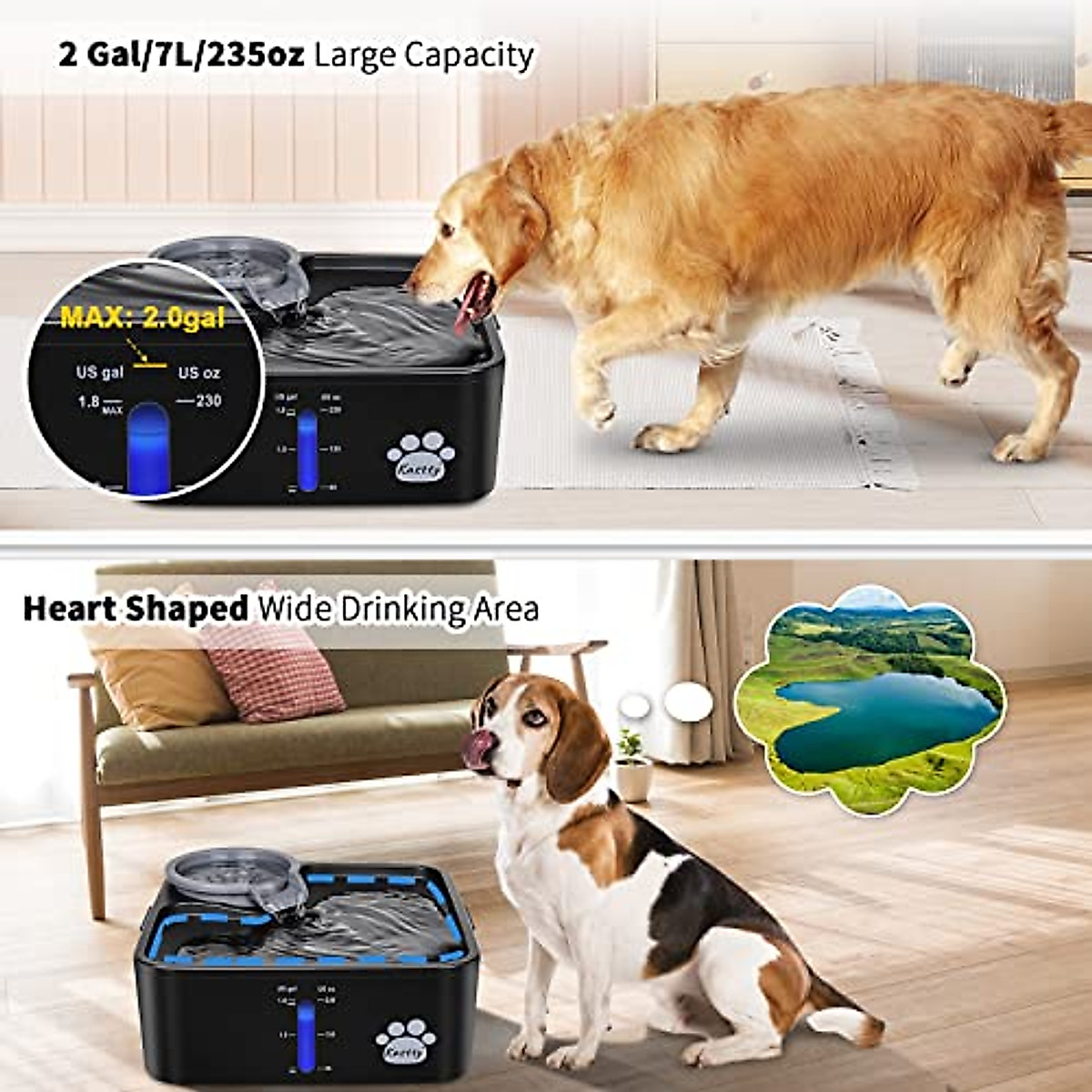 Kastty 230oz/7L Dog Water Fountain Ultra Large/Wide Pet Fountain with 5 Filtration& Safe Smart LED Pump, Great for Large Dogs Cats & Multi Pets