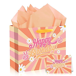 Large Groovy Happy Birthday Gift Bag with Card and Tissue Paper Boho Hippie Birthday Party Favors Daisy Flower Birthday Gift Wrap Bag with Handles for Retro Birthday Baby Shower Party Supplies