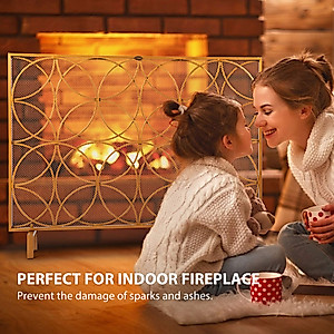 VIVOHOME 40.9 x 31.1 Inch Single Panel Wrought Iron Fireplace Screen Metal Decorative Mesh Fire Spark Guard Fireplace Cover Gold