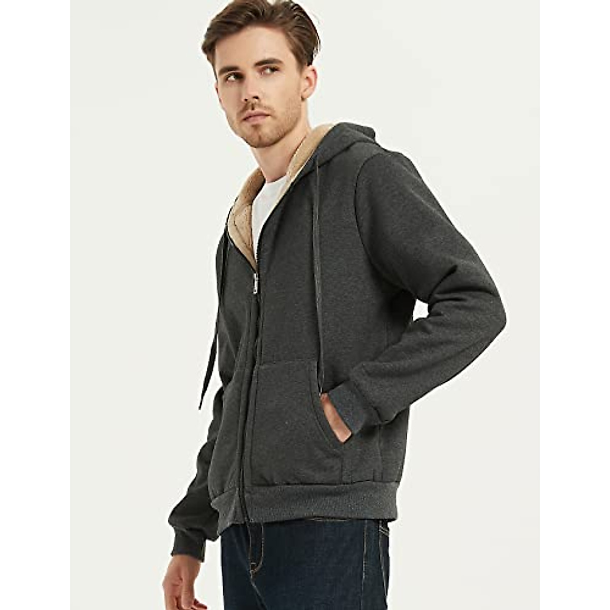 Flygo Men's Sherpa Hoodie Jacket Fleece Lined Zip Up Warm Hoodies Sweatshirt Winter Zipper Sweater Hooded Coat (Medium, Dark Grey)