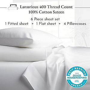California Design Den 6-Pc Queen Size Sheet Set with 4 Pillowcases - 400 Thread Count 100% Cotton Sheets, Cooling Sateen Weave, Luxury Deep Pocket Bedsheets Set - Bright White