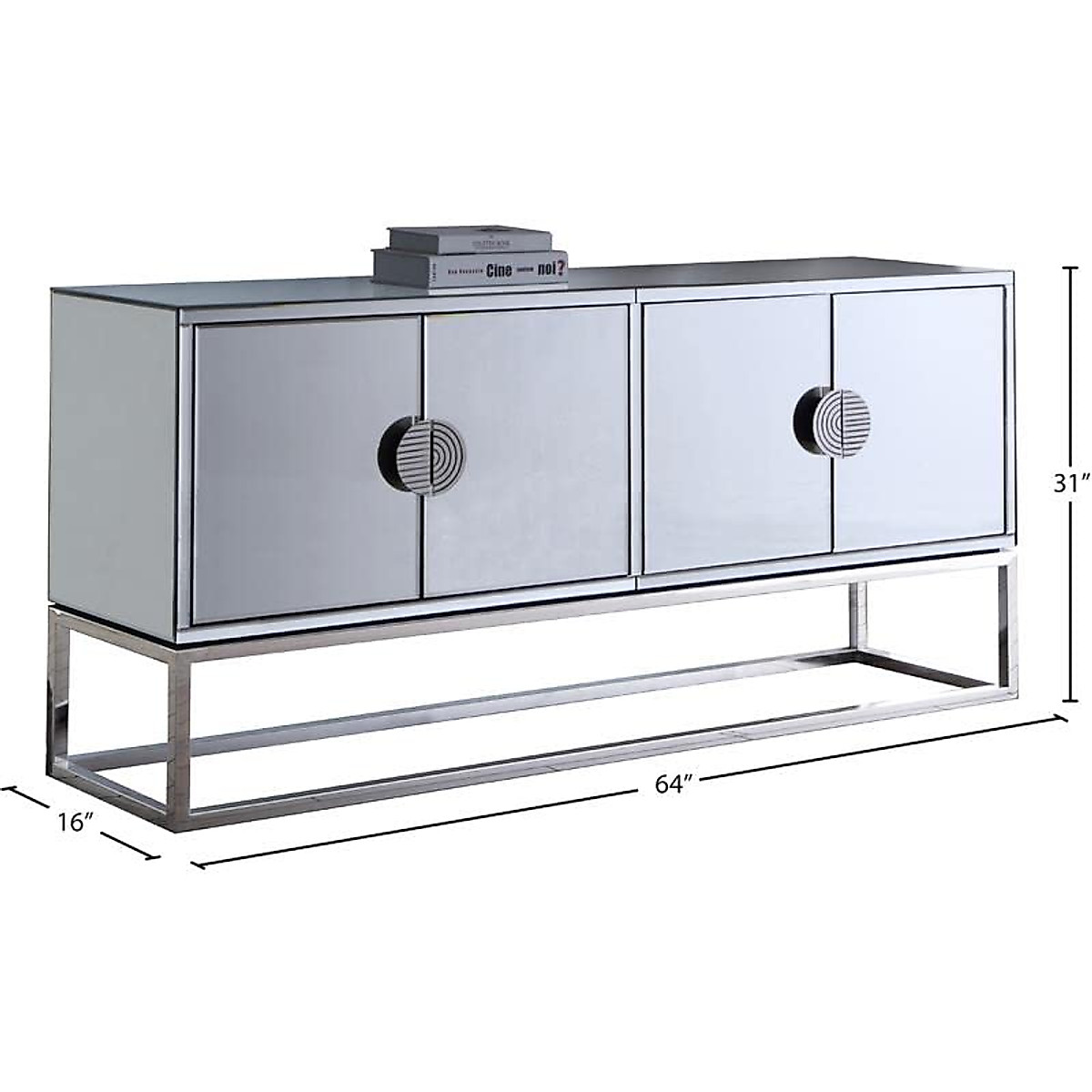Meridian Furniture Marbella Collection Modern | Contemporary Mirrored Sideboard Buffet, Polished Chrome Stainless Steel Base, 64" W x 16" D x 31" H, Cabinet