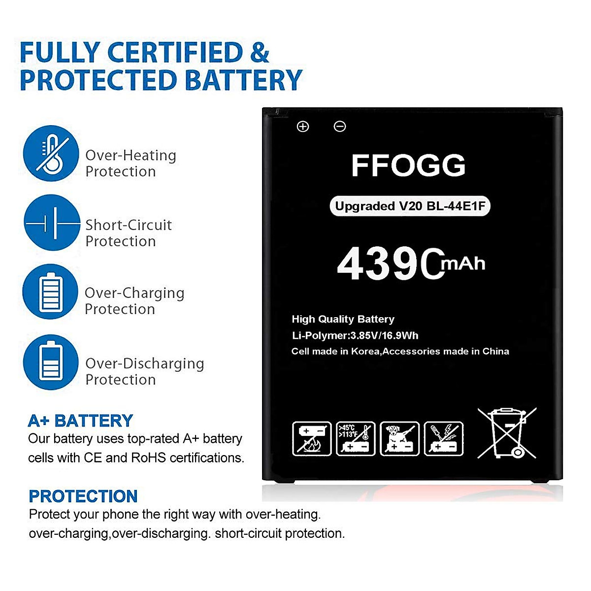 LG V20 Battery,[4390mAh] Upgraded Li-Ion Battery for LG V20 BL-44E1F US996, AT&T H910, T-Mobile H918, Verizon VS995, Sprint LS997 LG V20 Spare Battery
