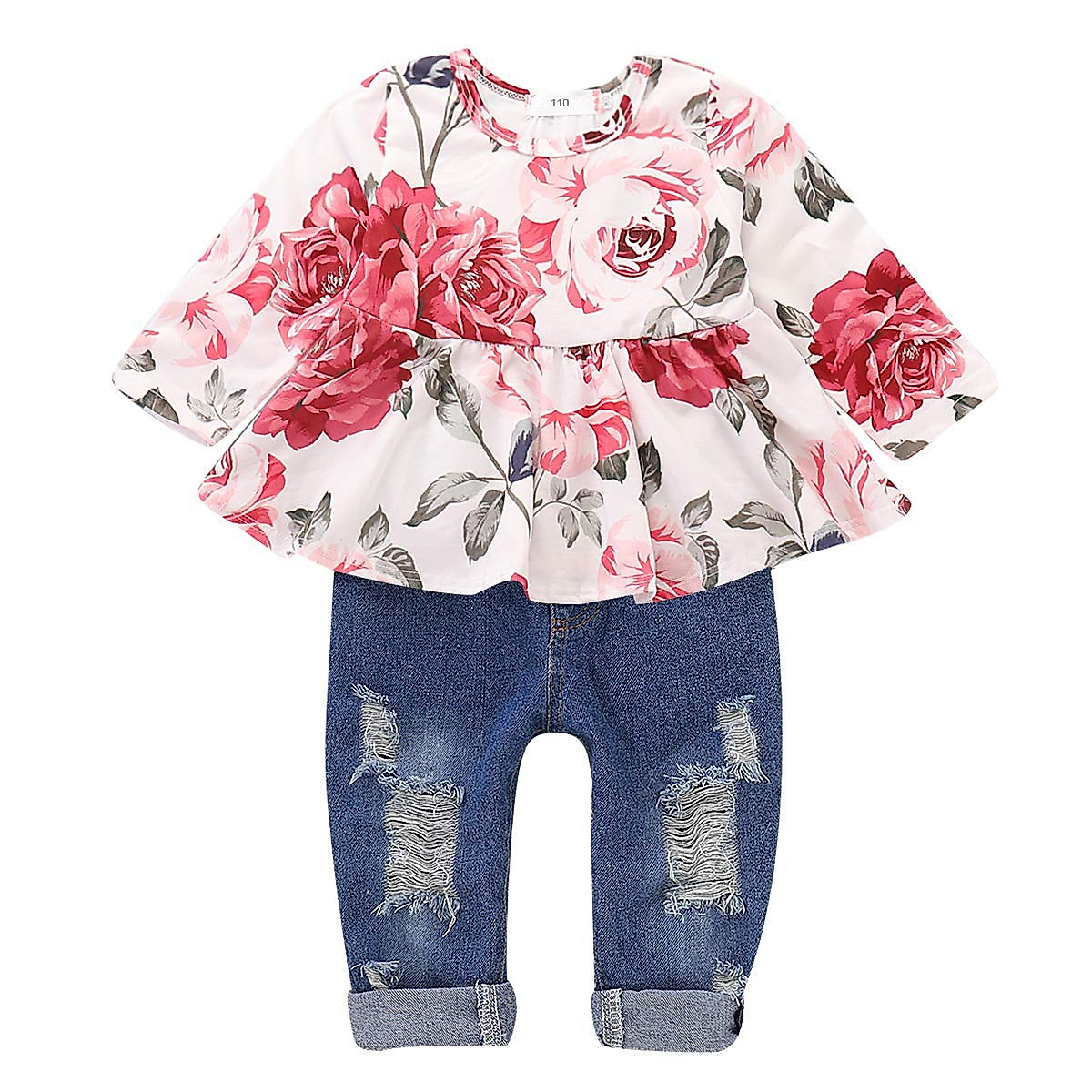 CARETOO Baby Girl Clothes Floral Print Long Sleeve Crew Neck Ruffle Top Fashion Ripped Jeans Fall Winter Toddler Girls Outfits