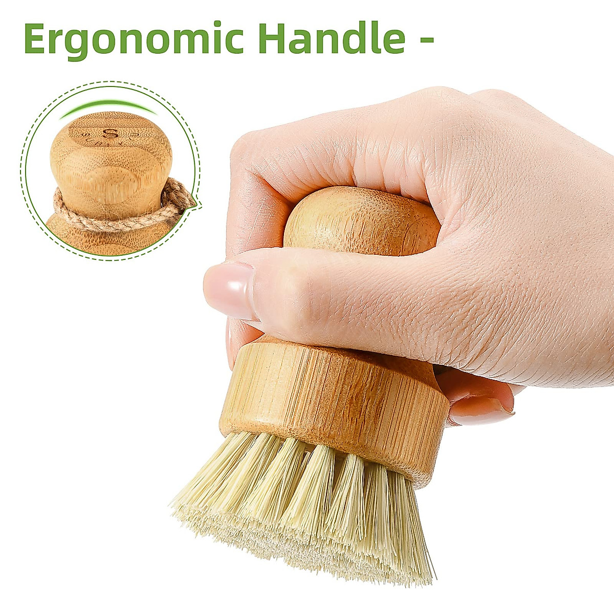 Bamboo Dish Scrub Brushes by Subekyu, Kitchen Wooden Cleaning Scrubbers Set for Washing Cast Iron Pan/Pot, Natural Sisal Bristles, Set of 3