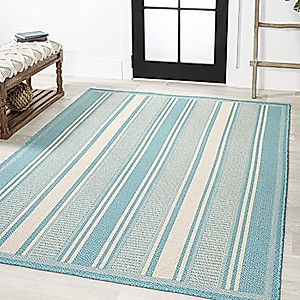 JONATHAN Y SMB202A-4 Haynes Modern Double Stripe Indoor Outdoor Farmhouse Transitional Area Rug,High Traffic,Kitchen,Living Room,Backyard,Non Shedding,4 X 6,Aqua/Beige