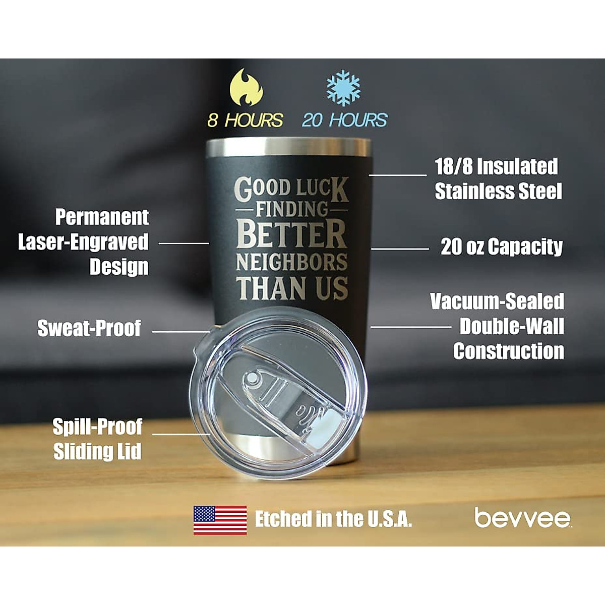 Good Luck Finding Better Neighbors Than Us - Insulated Coffee Tumbler Cup with Sliding Lid - Stainless Steel Insulated Mug - Funny Moving Away Gifts for Neighbor - Black