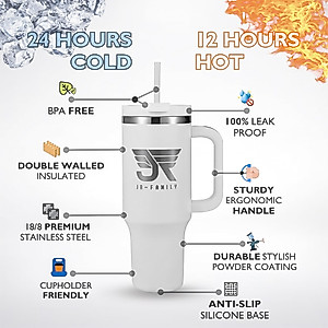 JR-FAMILY 40oz Spill Proof Tumbler with Lid Straw and Handle, Stainless Steel Insulated Travel Coffee Mug, Cup Holder Friendly, Easy Clean, Gifts for Women Men - White