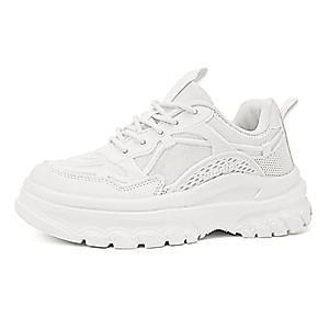 Asiman Women's Chunky Platform Sneakers Platform Lace-Up Lightweight Breathable Mesh Comfortable White Beige Black Pink Sneakers White-1,7