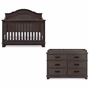 Simmons Kids Asher Crib and Dresser Nursery Furniture – 6-in-1 Convertible Crib with Toddler Rail | Fully Assembled 6 Drawer Dresser with Changing Top | Greenguard Gold Certified | Rustic Grey
