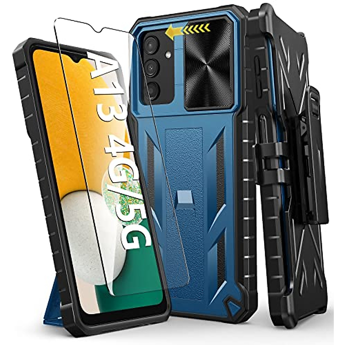 Case for Samsung Galaxy A13 5G: Rugged Protective A13 Cell Phone Cover with Kickstand Clip Holster Stand | Shockproof Bumper Textured Matte Design Military-Grade Heavy Duty Drop Protection - Blue