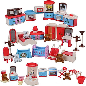 Beverly Hills Doll Collection Dollhouse Accessories Furniture and Accessory Set, All in one Bedroom, Kitchen, Laundry Room, and Bathroom 46 Piece Mega Set in a Storage Container