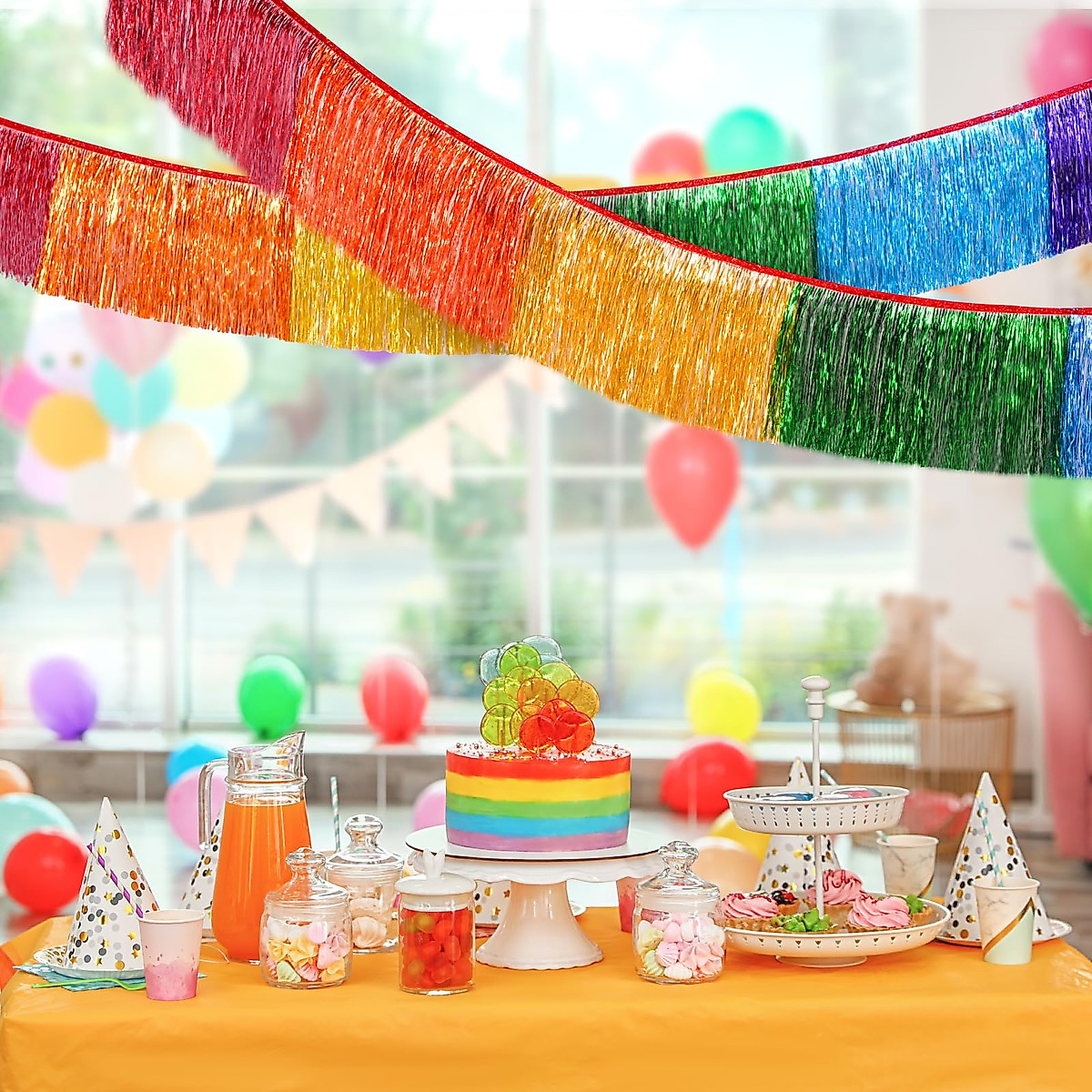 LOLStar Rainbow Foil Fringe Garland Party Decorations, 6 Feet Rainbow Tinsel Metallic Glitter Banner, Hanging Rainbow Table Skirts for Birthday Wedding Christmas Pride Month Parade Floats Decor