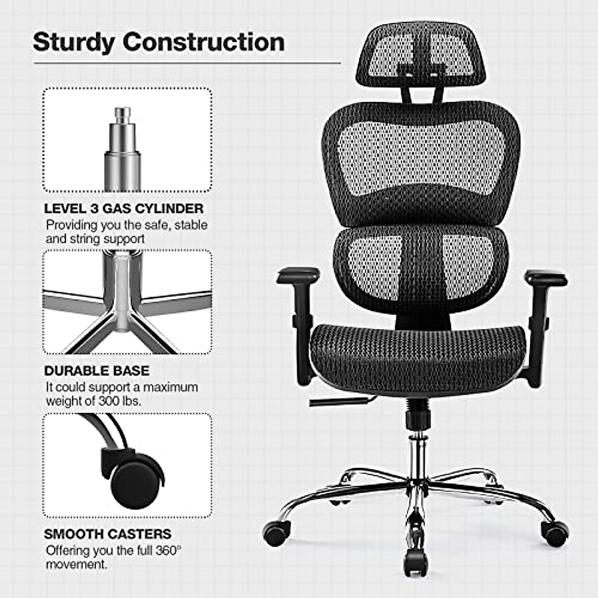Ergonomic Office Chair, High Back Mesh Office Chair with 3D Armrests and Headrest, Adjustable Rolling Chair with Lumbar Support and Tilt Function, Breathable Mesh Chair for Gaming, Executive, Office