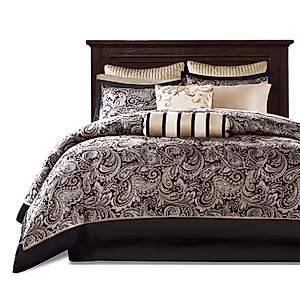 Madison Park Aubrey Cozy Comforter Set, Faux Silk Jacquard Paisley Design - All Season Down Alternative Bedding with Cotton Bed Sheets, Bed Skirt & Toss Pillows, King Black 12 Piece