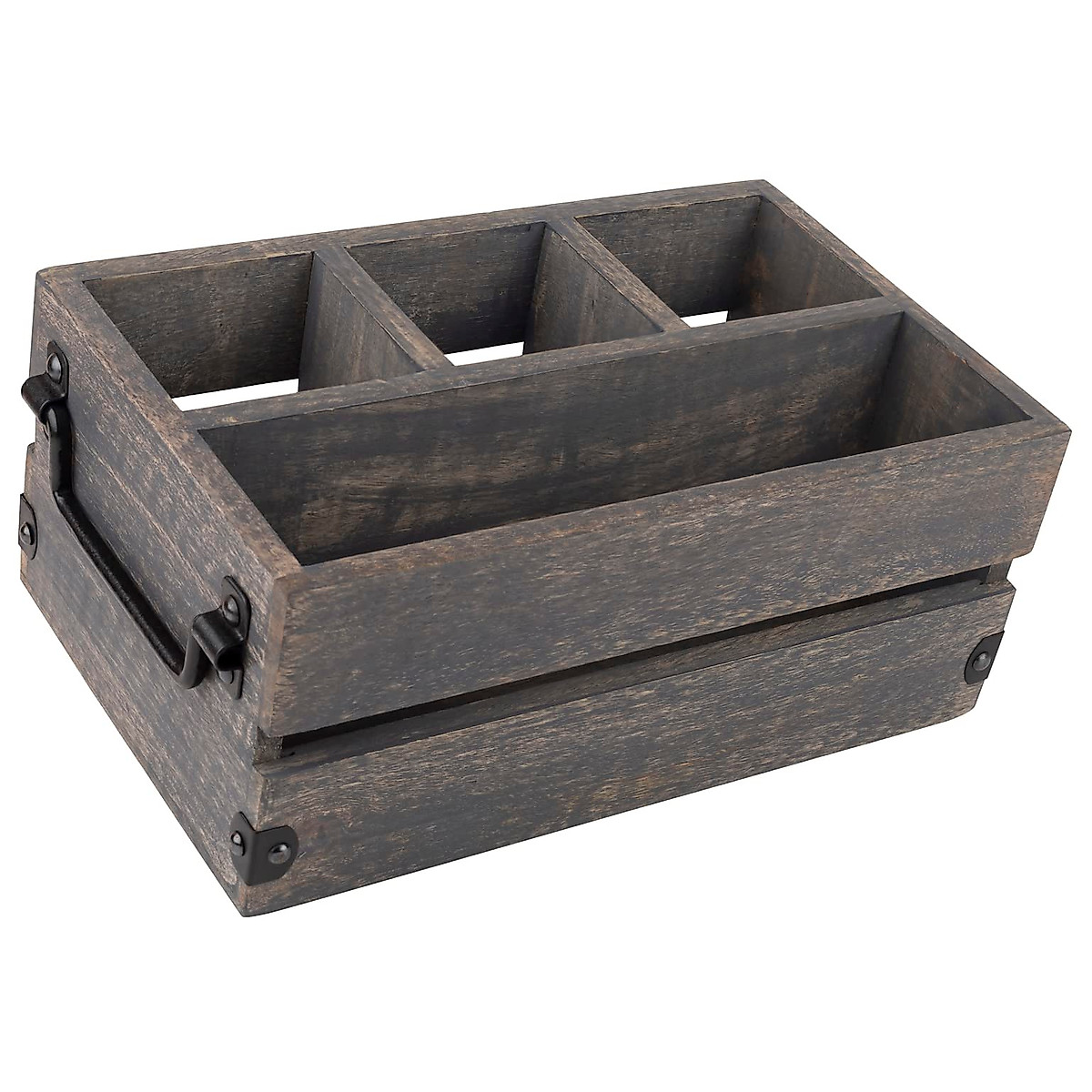 GoCraft Flatware Caddy with 4 Compartments, Cutlery Holder, Silverware Condiment Organizer with Napkin Holder for Kitchen, Dining, Picnics, Grey Washed Mango Wood Caddy with Metal Handles