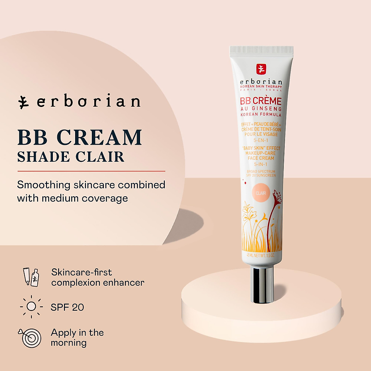 Erborian BB Cream with Ginseng, Fair (Clair) - Lightweight Buildable Coverage with SPF 20 & Ultra-Soft Matte Finish Minimizes Pores & Imperfections - Korean Face Skincare - 1.5 Oz