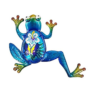 John's Studio Frog Wall Decor Outdoor Metal Garden Hanging Art Glass Sculptures Home Theme Decorations for Living Room, Bedroom Yard, Fence and Patio - 14 Inch Blue