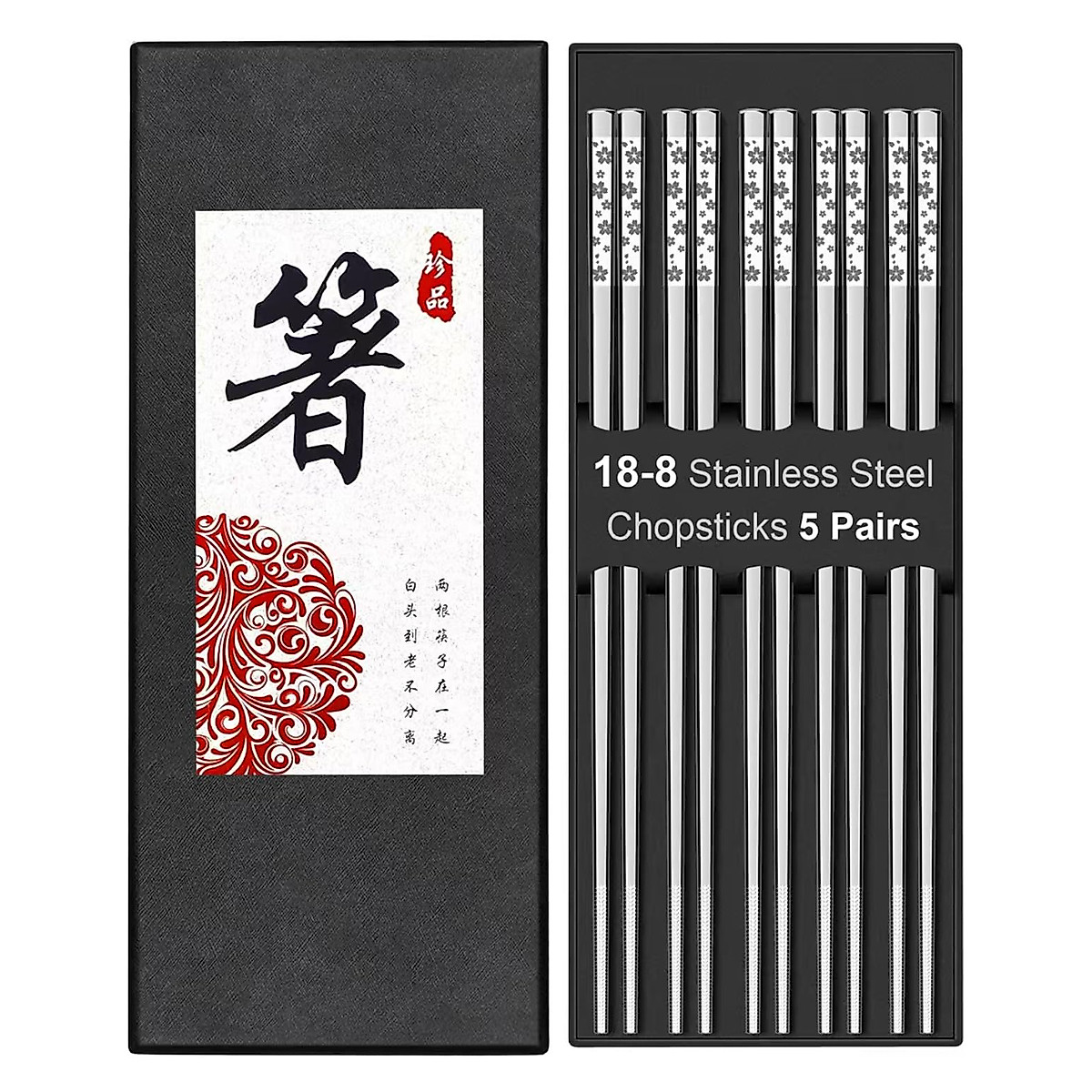 FOFAYU 5 Pairs Metal Chopsticks Reusable 18/8 stainless steel Chopsticks Japanese Style Dishwasher Safe Lightweight Non-Slip Chop Sticks 9 1/4 Inches Present Set