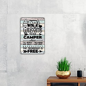 QIONGQI Funny Welcome to Our Camper Metal Tin Sign Wall Farmhouse Rustic Camping Signs for Home Garage Men Cave Decor Camper Gifts