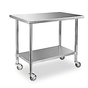 STABLEINK Stainless Steel Table with Caster Wheels 36 x 24 Inches, NSF Commercial Prep & Work Table with Adjustable Undershelf and Table Foot, for Commercial Kitchen, Restaurant, Hotel and Garage