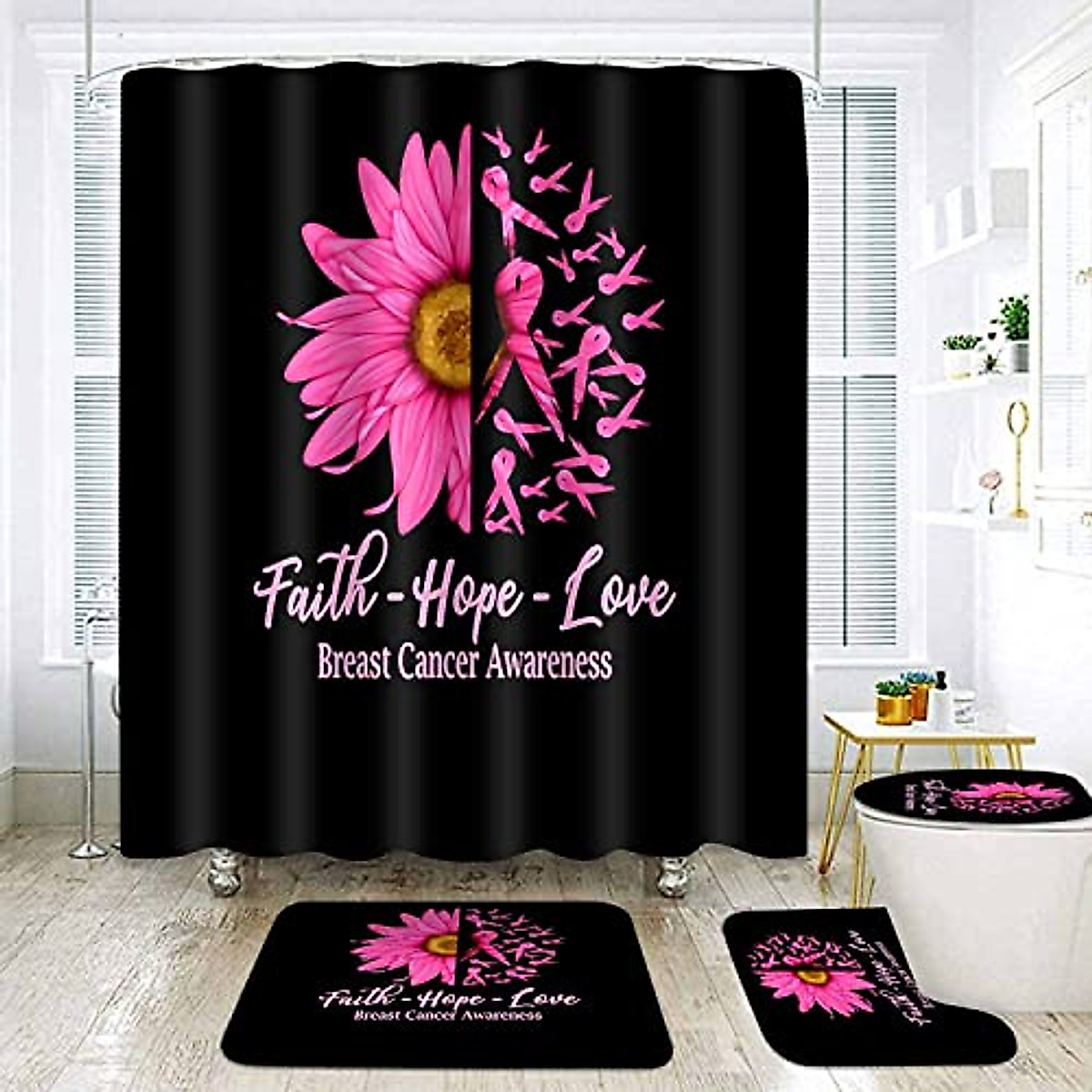 EARVO 4Pcs Breast Cancer Awareness Shower Curtain Curtain Set with Non-Slip Rugs, Toilet Lid Cover and Bath Mat, Pink Ribbon Bath Curtain 71x72 inches 12 Hooks SETYYEA22