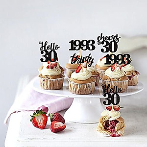 24 PCS Black 30th Birthday Cupcake Toppers Glitter Hello 30 Cupcake Topper Cheers to 30 Since 1993 Thirty Cupcake Picks for Happy 30th Birthday Anniversary Party Cake Decorations Supplies