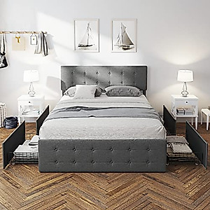 IDEALHOUSE Queen Platform Bed Frame with Storage and 4 Drawers, Button Upholstered Bed Frame with Drawers and Headboard, Mattress Foundation with Wood Slat Support, No Box Spring Needed