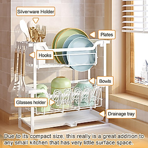 KOSIWU Dish Rack with Drainboard, Organizes Dishes and Bathroom Items for Narrow Spaces, Two-Story Drying Rack Fits 12 Plates 12 Bows 5 Glasses 4 Hooks and Some Cutlery, White
