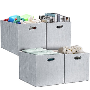 Posprica 13x15x13in Collapsible Storage Bins, Fabric Foldable Cube Storage Boxes, Decorative Storage Baskets Organizer for IKEA Kallax, Shelves, Closet, Clothes, Toy, Set of 4-Grey