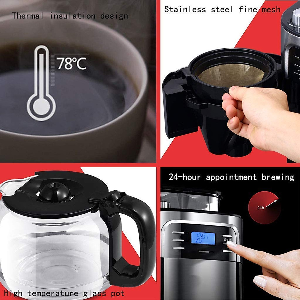 ROLTIN Coffee Machine Coffee Maker 15-Cup Coffee Makers with Timer Mode And Auto-Off Function Grind Coffee Machine with Removable Filter Basket Stainless Steel Black