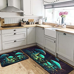 Mushroom Kitchen Rugs and Mats Non Skid Washable Absorbent Stain Resistant,Durable and Easy to Clean, Kitchen Rug Set of 2 Mushroom Kitchen Decoration 17 x47+17"x30"
