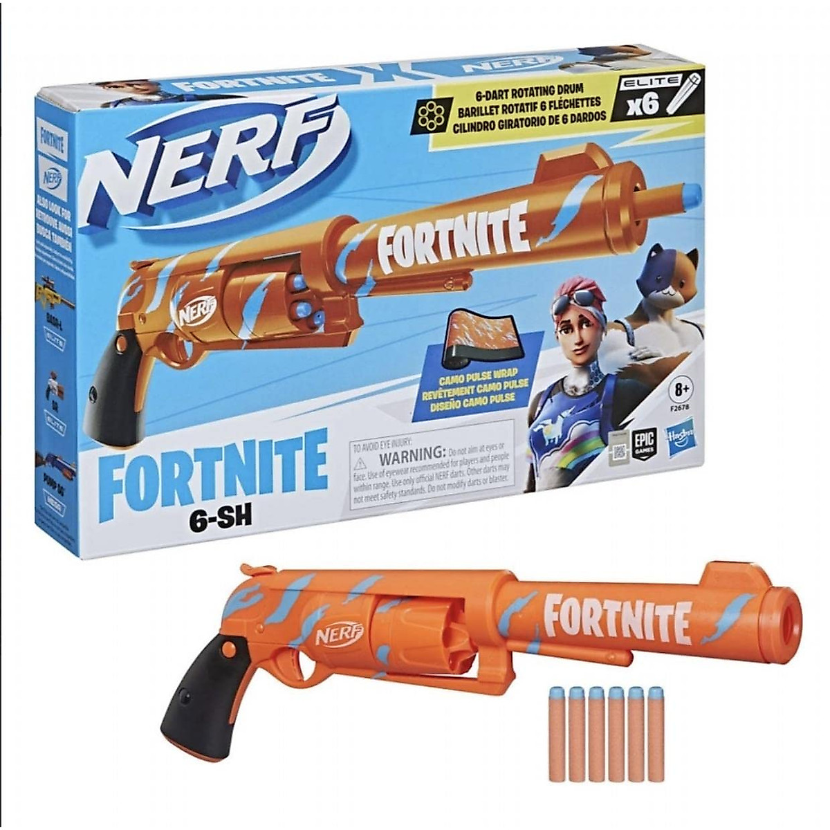 Nerf Fortnite 6-SH Blaster-Camo Pulse Wrap, Hammer Action Priming, Drum, 6 Elite Darts