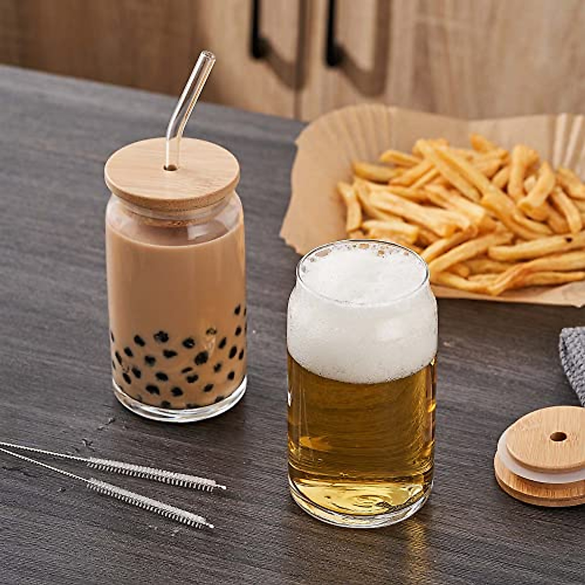 RLCOEUS Set of 4 Drinking Glass Cup with Bamboo Lids and 6 Glass Straws - Can Shape Beer Glasses for Smoothie, Whiskey, and Cocktails, 2 Cleaning Brushes