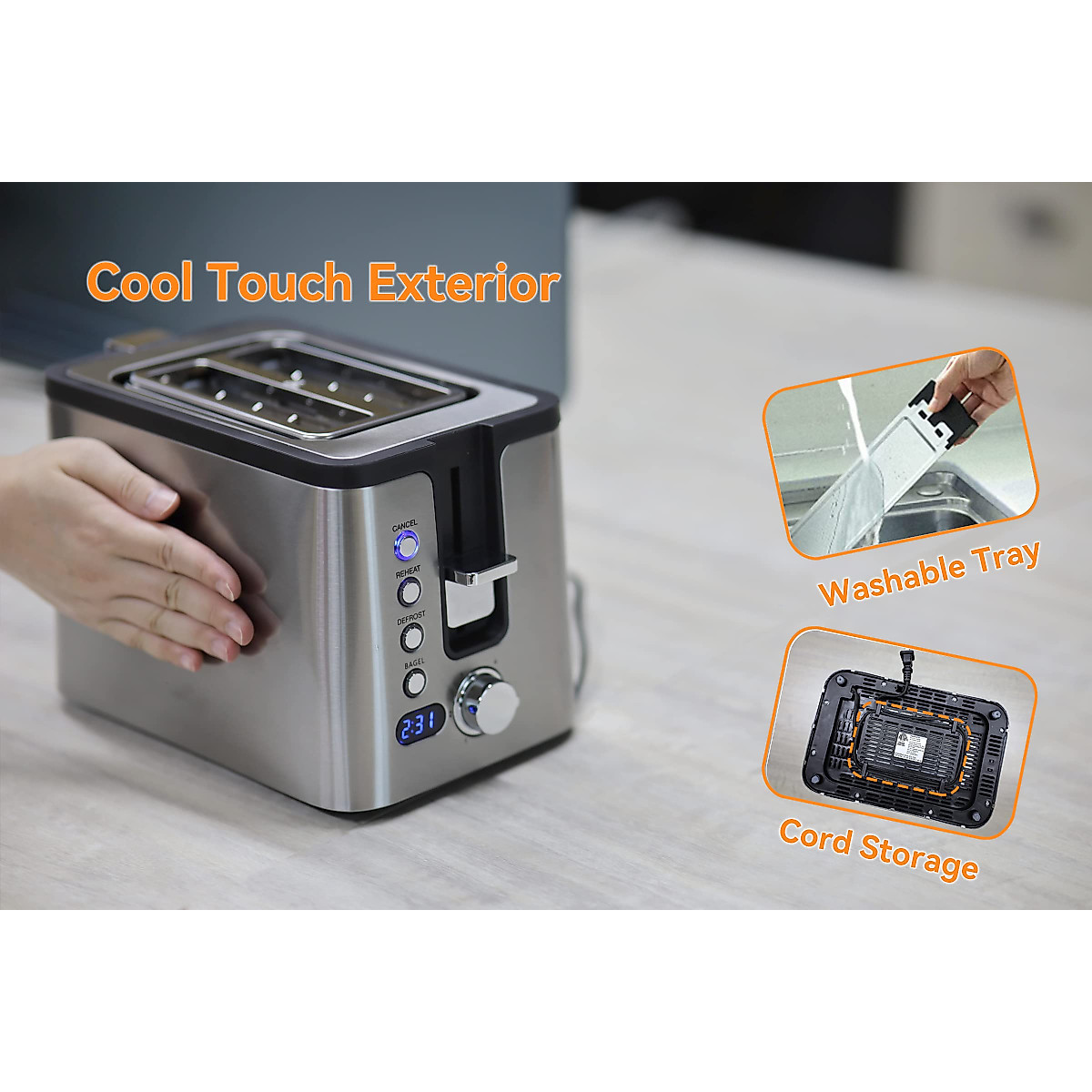 Mecity Toaster 2 Slice Stainless Steel Toaster Countdown Timer, Bagel/Defrost/Reheat/Cancel Functions,Warming Rack, Removable Tray, 6 Browning Settings, Extra Wide Slots, Bread Toaster, 800W