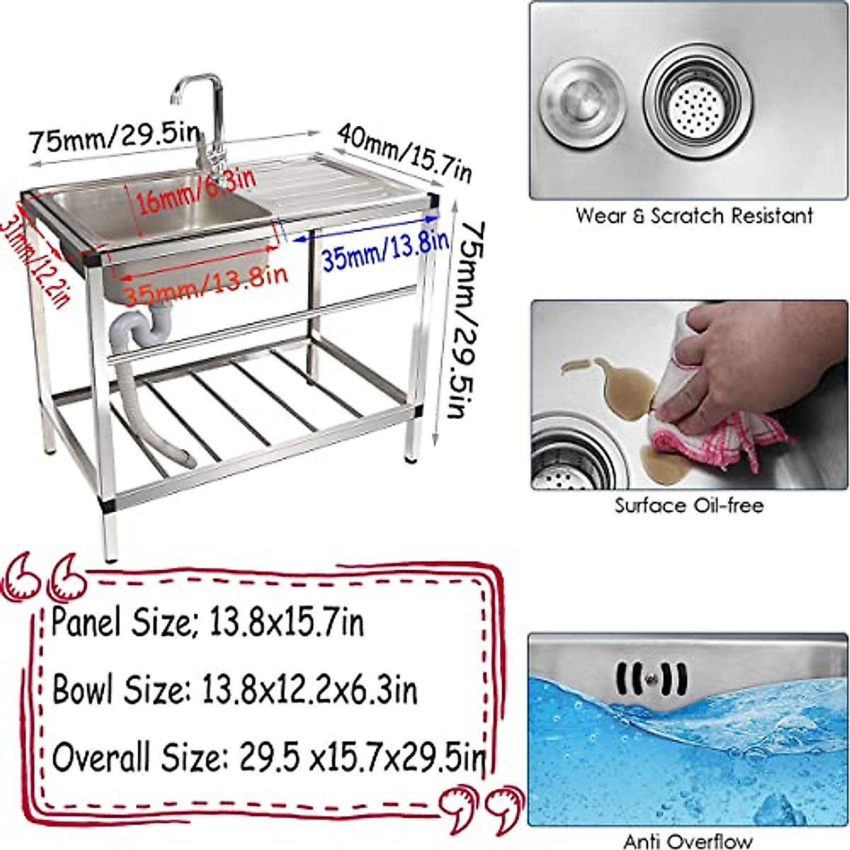Commercial Restaurant Sink W/Faucet & Drain, Utility Kitchen Sink With Console/Stand, 304 Stainless Steel Sink Kit With Single Bowl For Garage Basement Shop Portable Handwashing Station