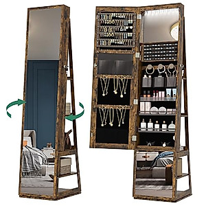 Hzuaneri 16 LEDs Jewelry Cabinet Armoire, 63" H Standing Jewelry Organizer with 360° Rotating Base, Lockable Full-length Mirror, 4-tier Storage Shelves, 4-in-1 design, Rustic Brown JC16003X