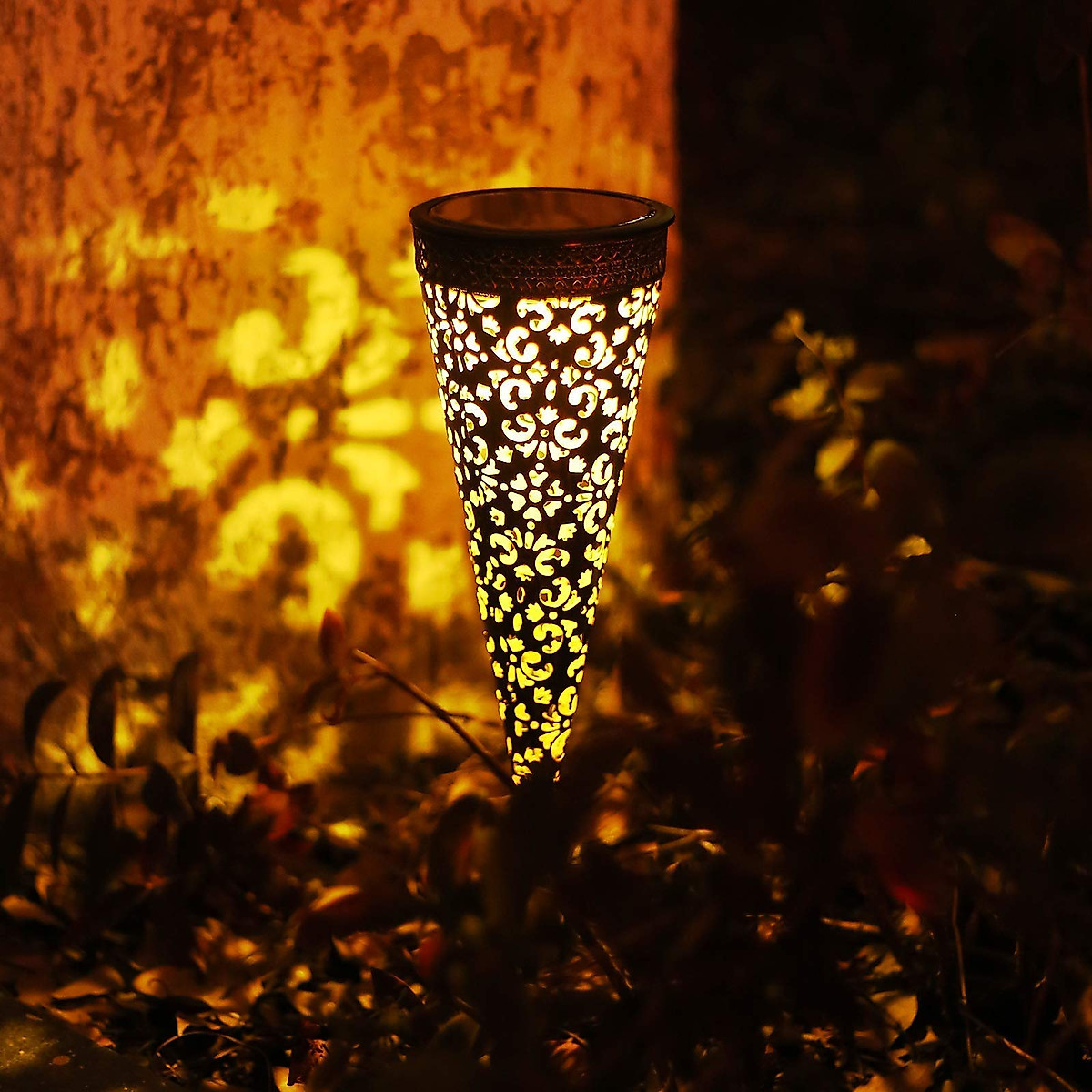 ANGMLN 2 Pack Christmas Decorations, Outdoor Lights Clearance Garden Solar Pathway Lights - Waterproof Decorative Metal Stake Lights with Lacy Cone Pattern for Walkway Yard Steps Patio Lawn