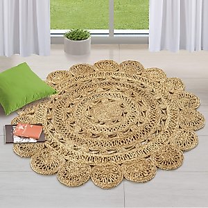 GRUHUM Handwoven 4ft Jute Area Rug-Natural Fiber Round Handmade Boho Farmhouse Rustic Vintage Soft Braided Reversible Rug-Indoor EcoFriendly Kitchen Bedroom Living Room Hallways Enterways 4'feet Round
