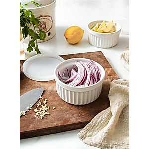 LE TAUCI 8 oz Ramekins with Silicone Storage Lids, Creme Brulee Dishes, Custard Cups for Baking, Oven Safe, Set of 6, White