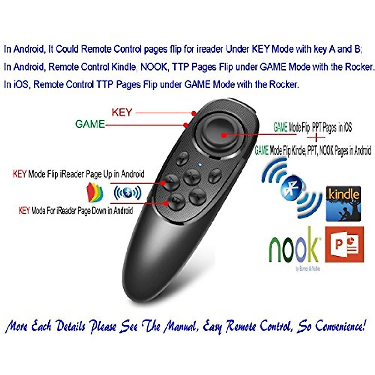 VR Remote Controller Gamepad Bluetooth Control VR Video, Game, Selfie, Flip E-Book/PPT/Nook Page, Mouse, in Virtual Reality Headset PC Tablet Laptop iPhone Smart Phone