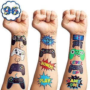 Gamer Temporary Tattoos Themed Birthday Party Decorations Supplies Favors Decor Cute Tattoo Stickers 8 Sheets 96 PCS Gifts for Kids Boys Girls Games Classroom Rewards Prizes Carnival Christmas