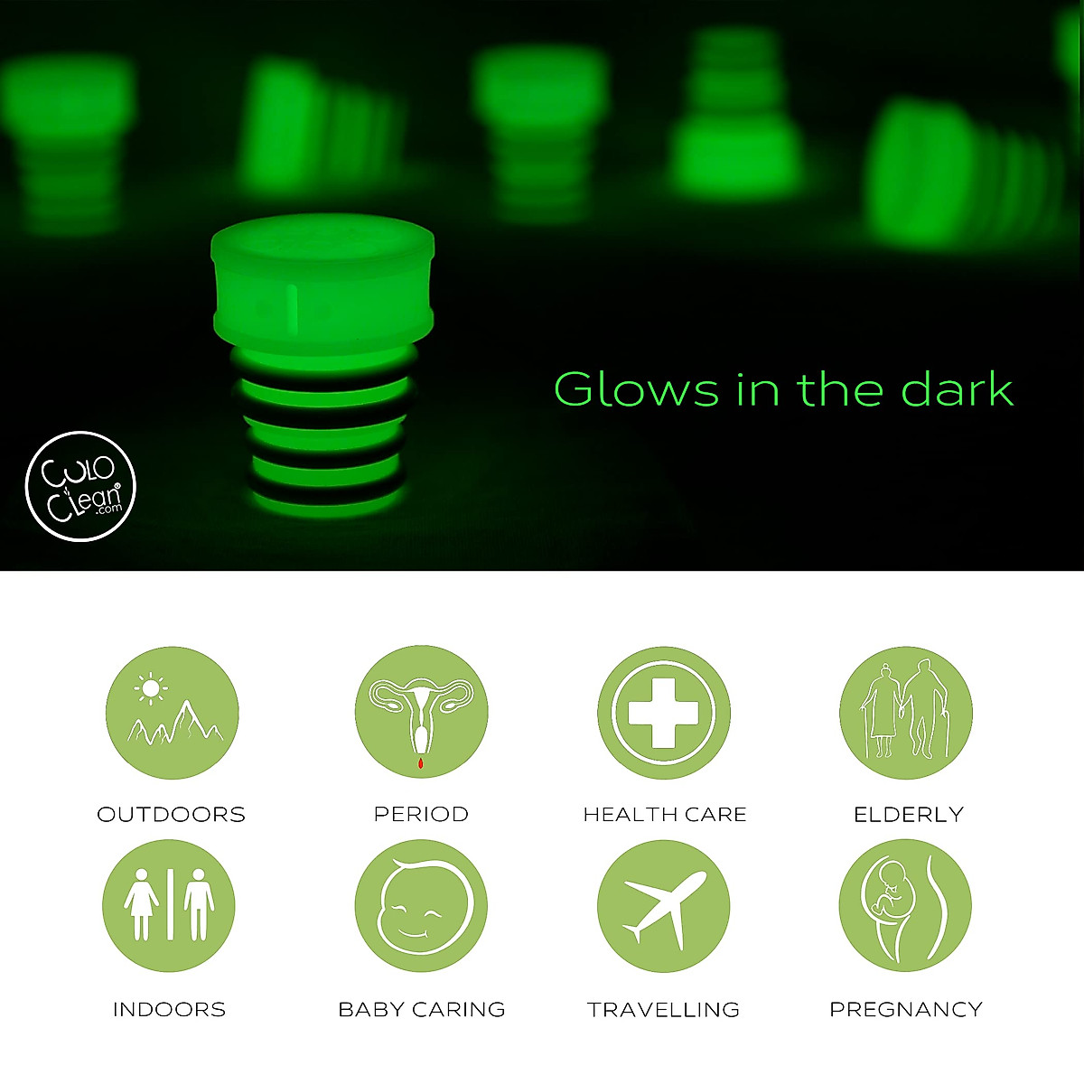 CuloClean Portable Bidet for Toilet, Travel, or Camping. Compatible with Any Plastic Bottle. Discreet, Sanitary or Travel Shower, Attachable Stopper, Backcountry Bidet Nozzle (1pcs Glow in the dark)