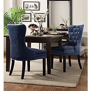 Iconic Home Diana Dining Side Accent Chair Button Tufted Velvet Upholstery Nail Head Trim Tapered Espresso Wood Legs, Modern Transitional, Set of 2, Blue